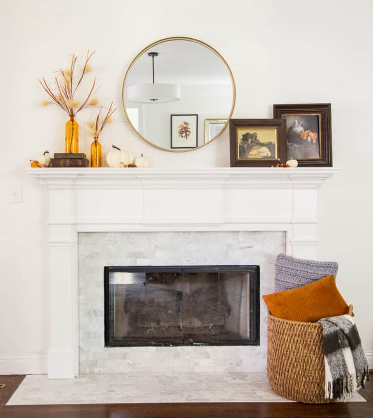 4 Ways to style a Simple Fall Mantle with a Round Mirror - Deeply ...