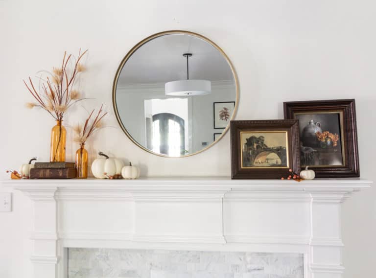 4 Ways to style a Simple Fall Mantle with a Round Mirror - Deeply ...